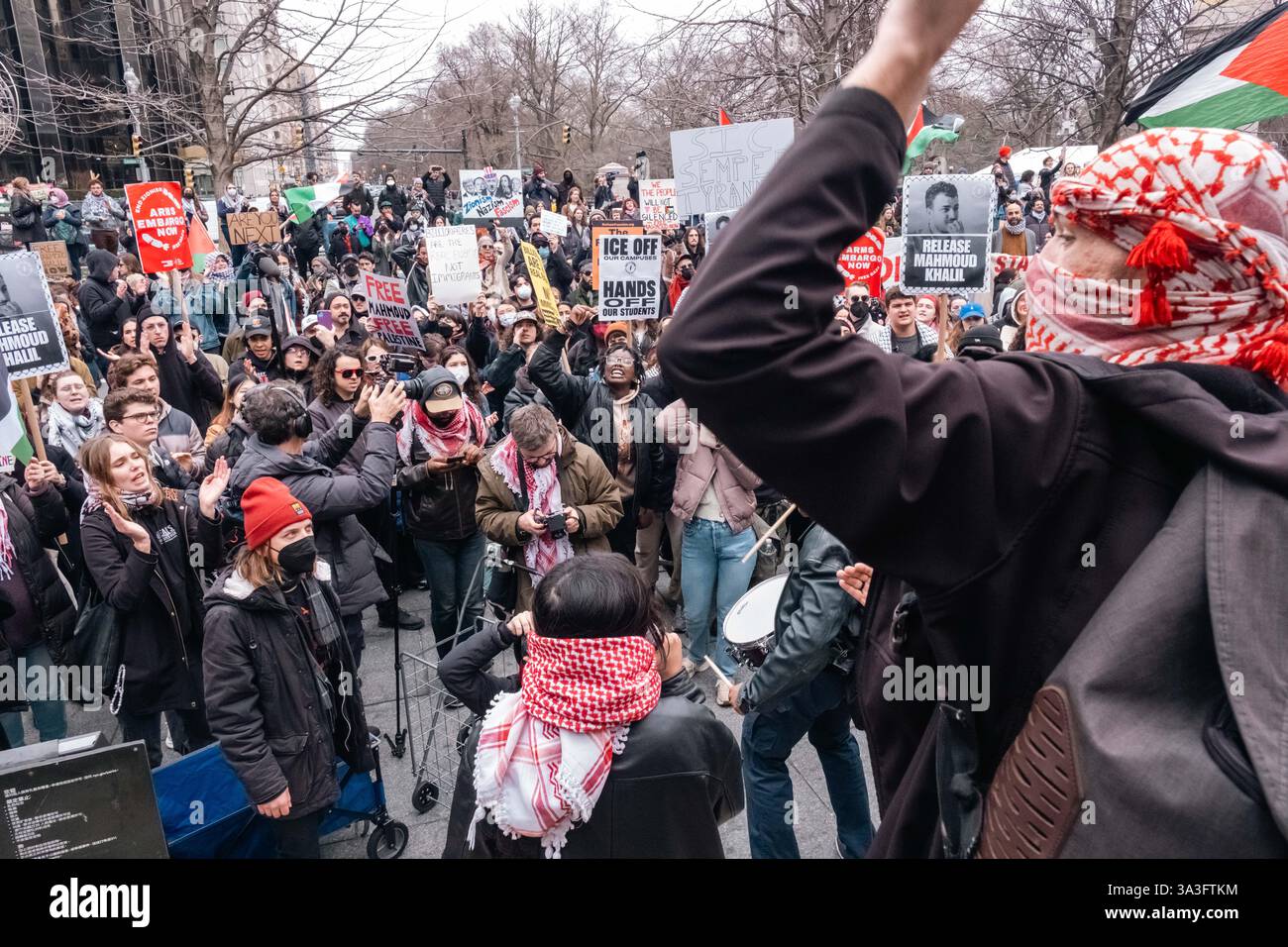 New York, USA. 15th Mar, 2025. Protesters with placards gather at ...