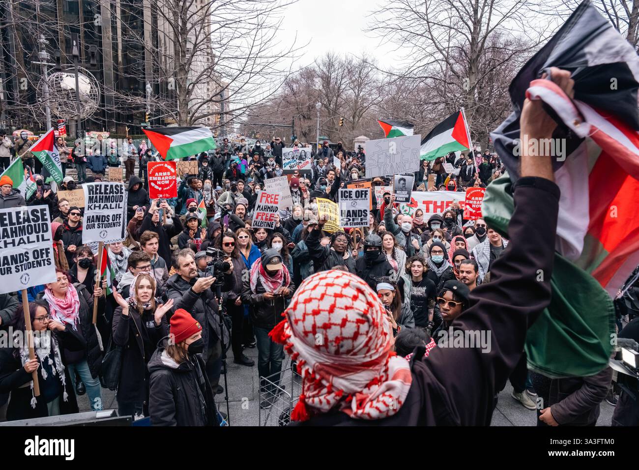 New York, USA. 15th Mar, 2025. Protesters with placards gather at ...