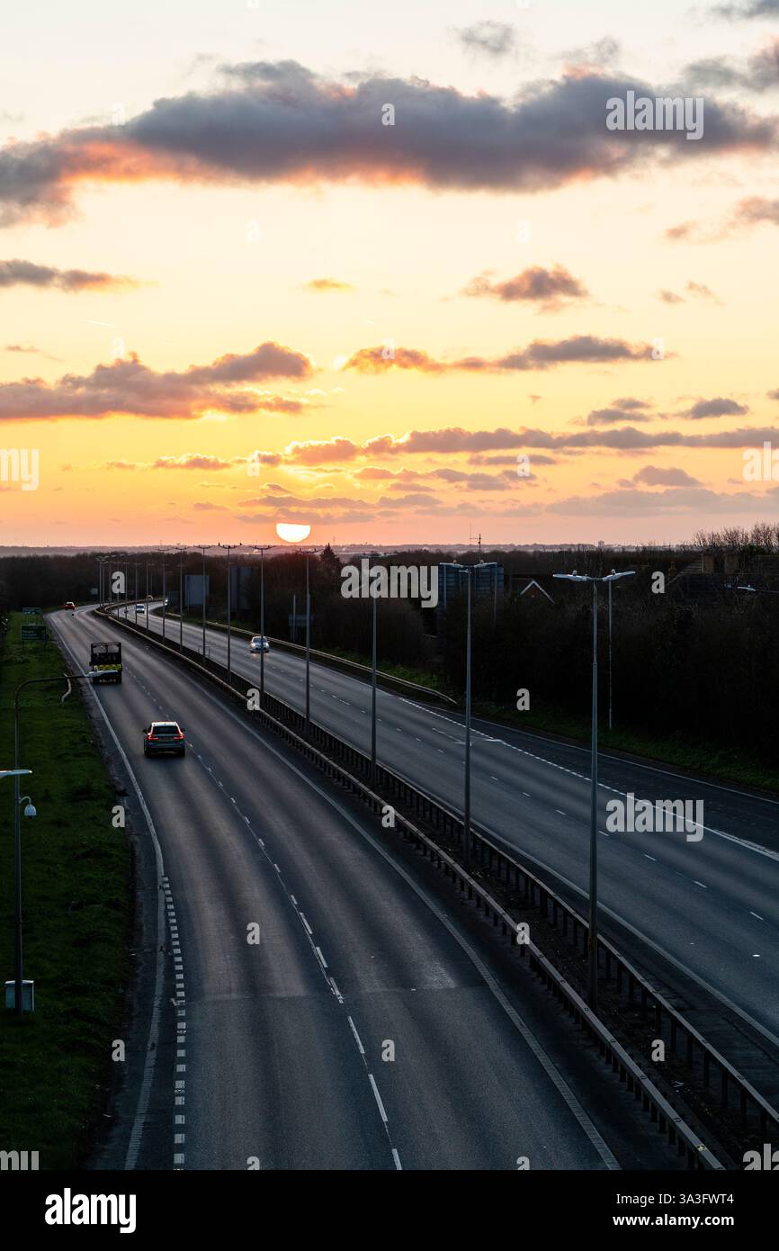 Herne Bay, England. 16th March 2025. The sunrise over the A299, 'Thanet ...