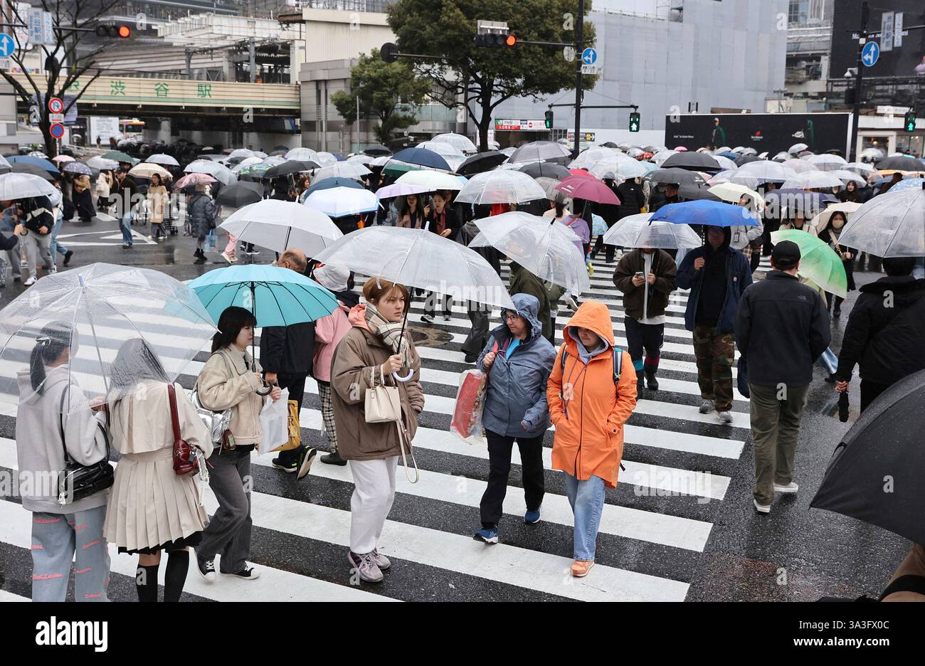 People walk with umbrella in cold rain near JR Shibuya station in ...