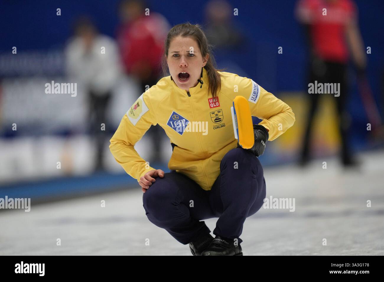 Sweden's skip Anna Hasselborg calls the sweep during a match against ...