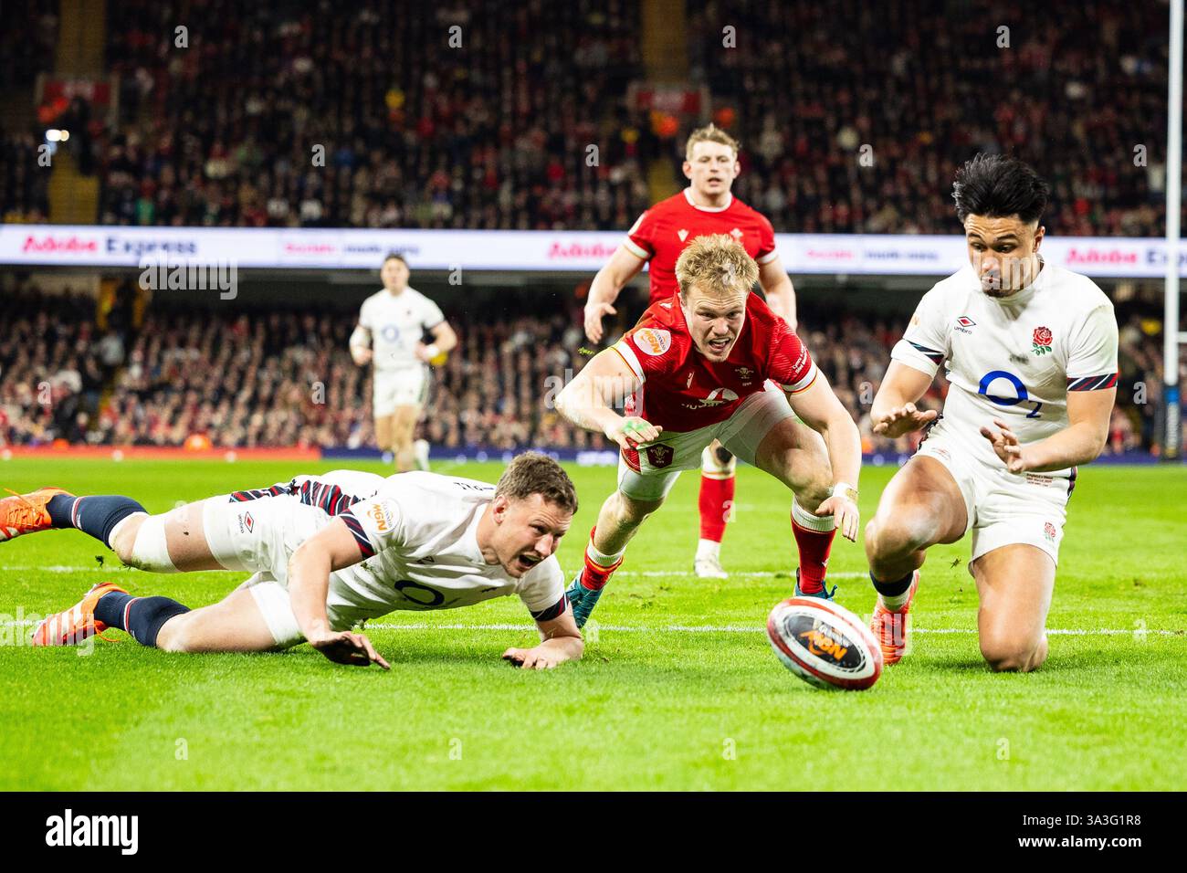Marcus Smith of England under pressure from Blair Murray of Wales ...