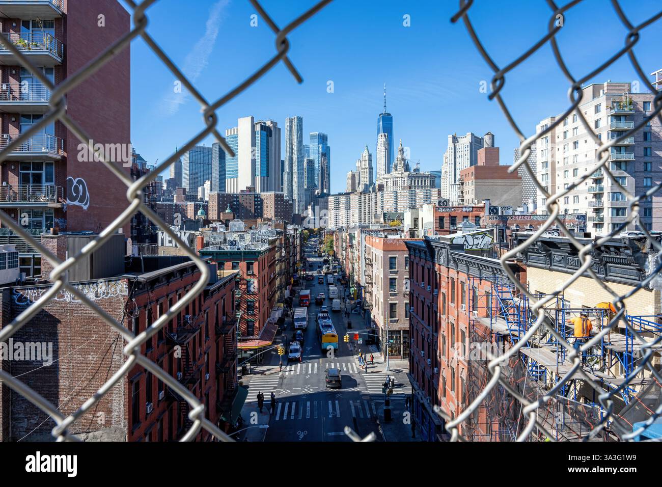 The skyline of lower Manhattan in New York City seen through a hole in ...