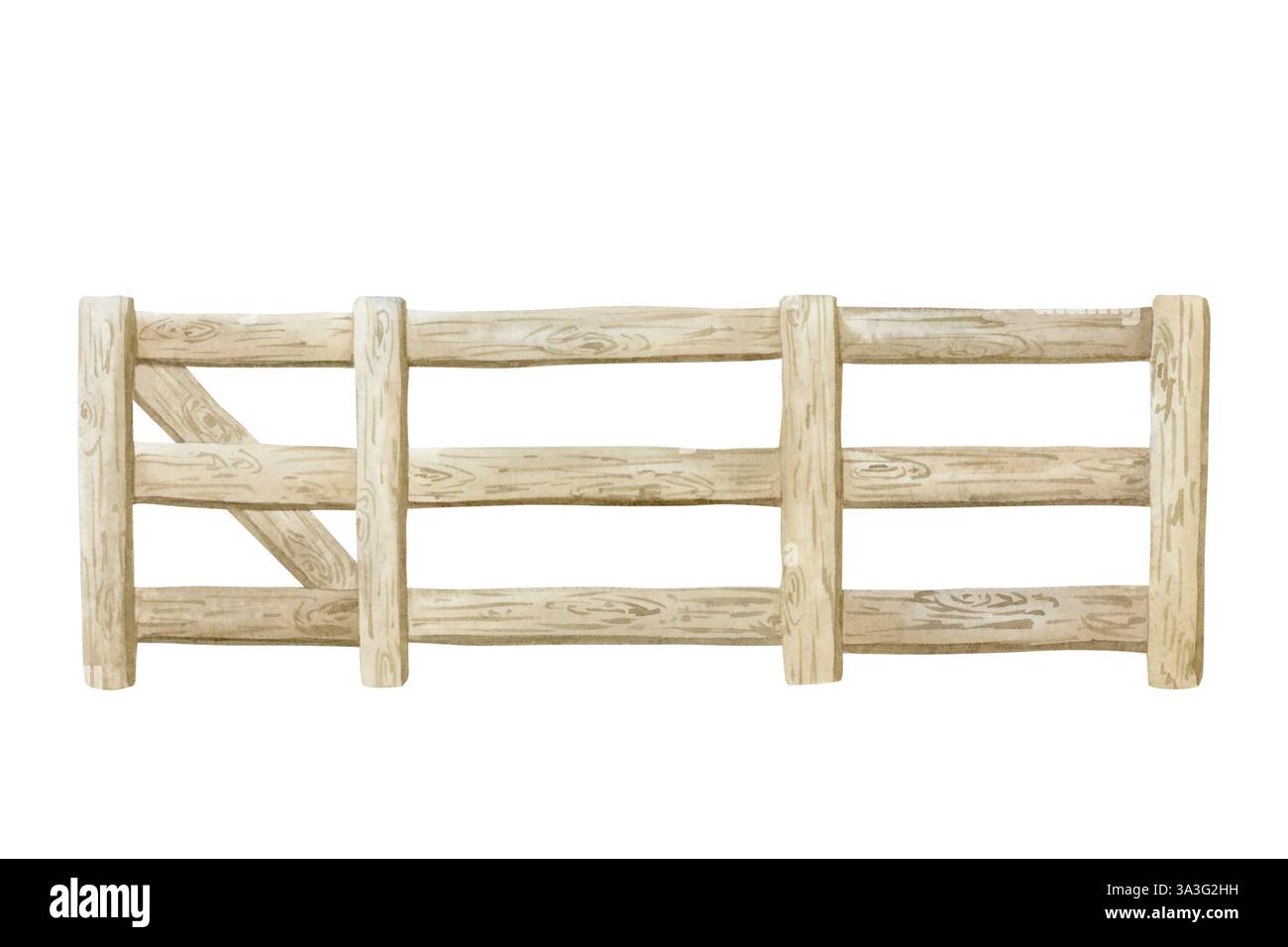 Wooden farm fence with gate watercolor illustration isolated on white ...