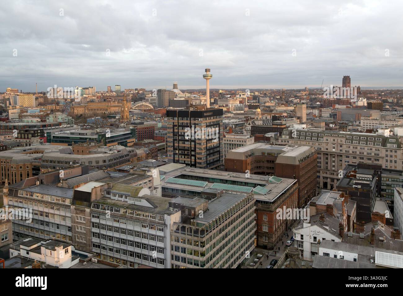 View over city centre rooftops to Radio City tower and the Anglican ...