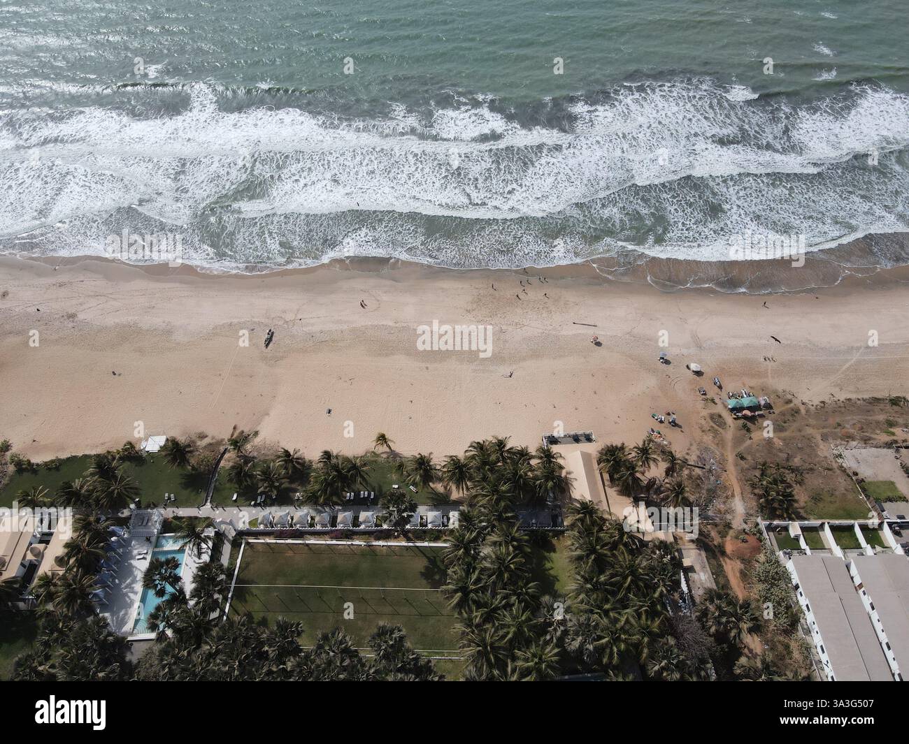 Banjul, The Gambia. 12th Mar, 2025. A drone photo shows the scenery of a beach in Serrekunda ...