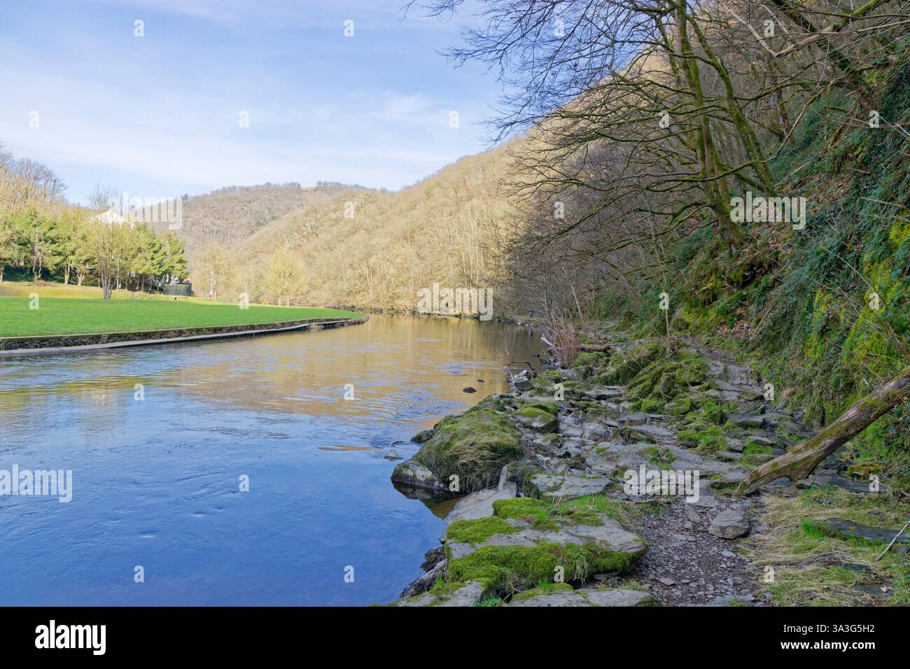 Hiking trail along the river Sûre near Bourscheid-Moulin in Luxembourg ...