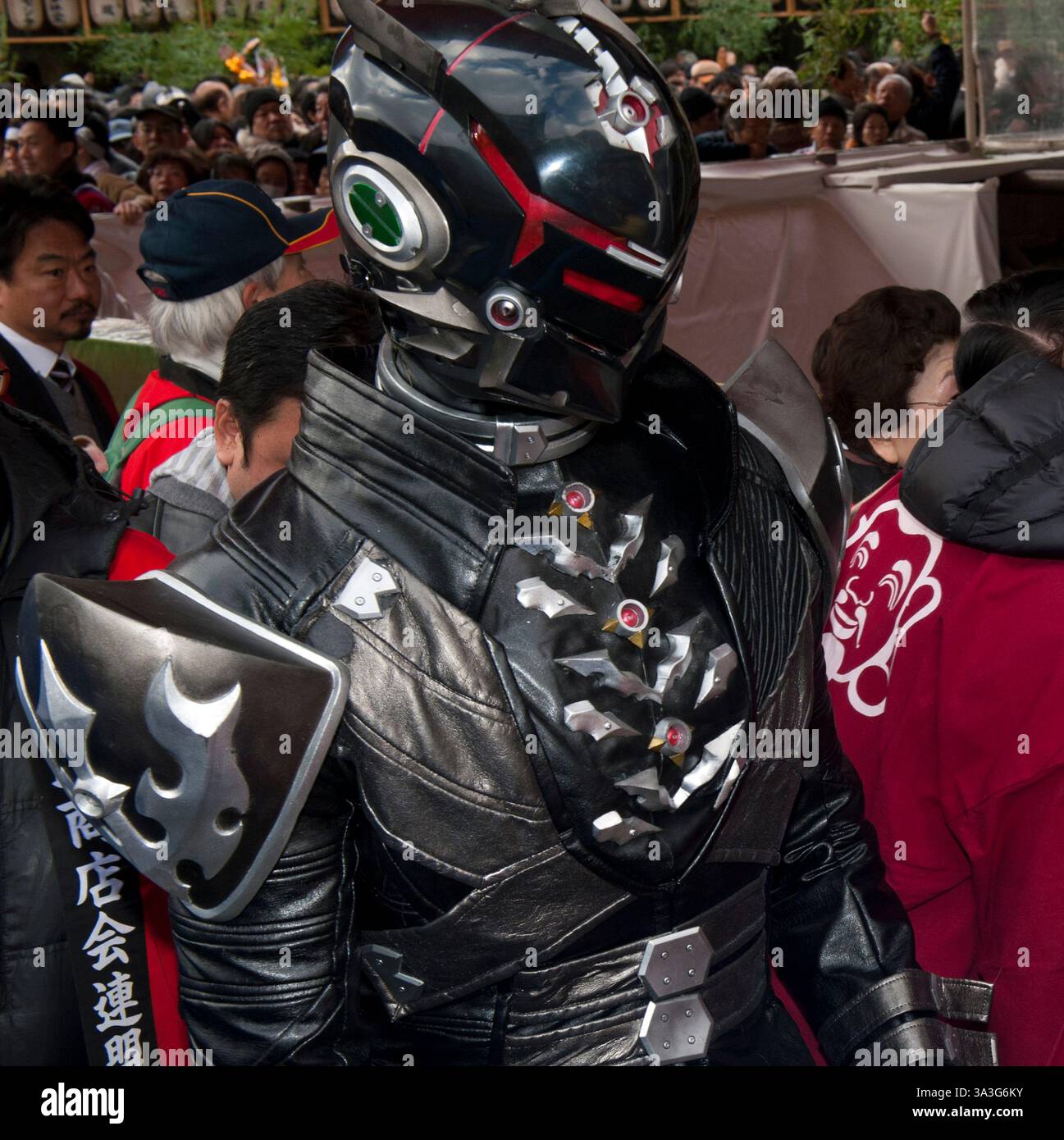 Japanese super hero cosplay fantasy in helmet and costume appears at an ...