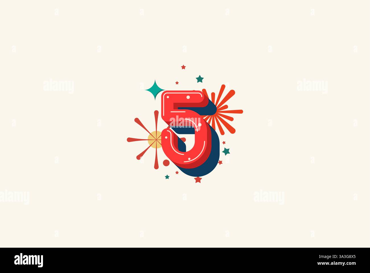 Logo Number Colorful 5th, 5th Happy Birthday or Anniversary with fireworks concept. Happiness ...