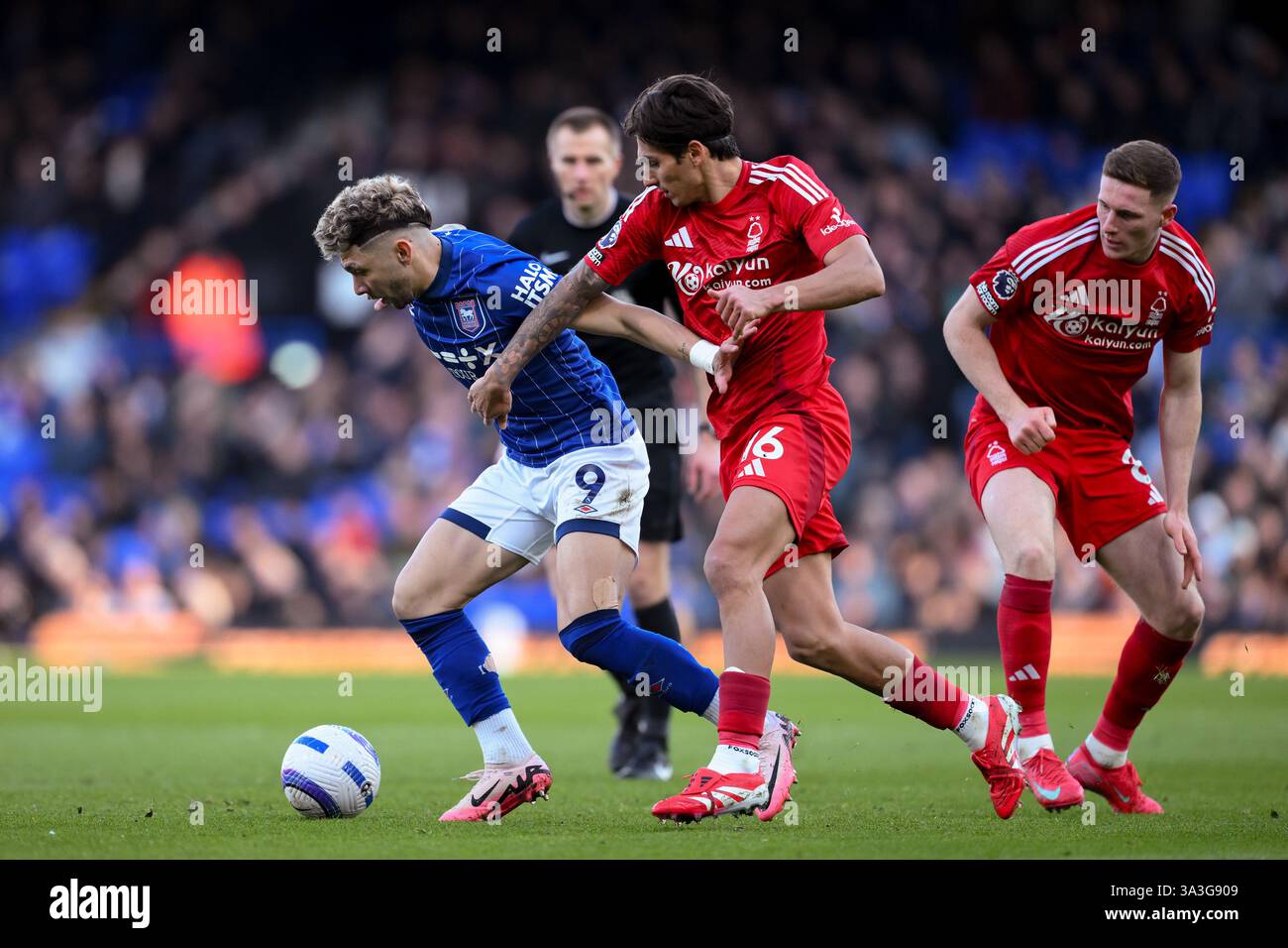 Nicolas Dom’nguez of Nottingham Forest battles with Julio Enciso of Ipswich Town during the ...