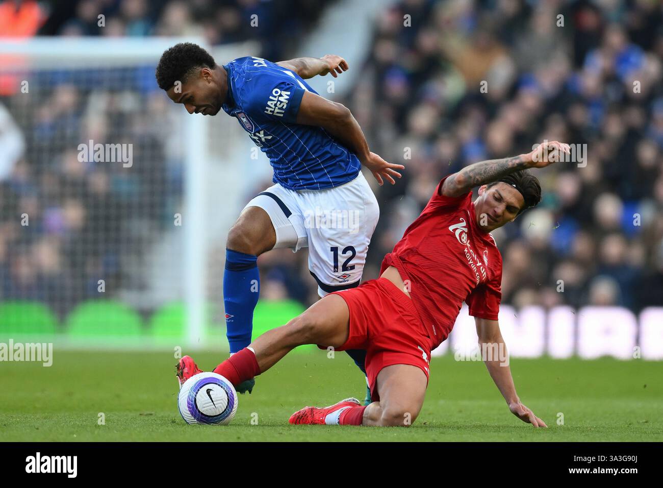 Portman Road, Ipswich on Saturday 15th March 2025. Nicolas Dom'nguez of Nottingham Forest fouls ...