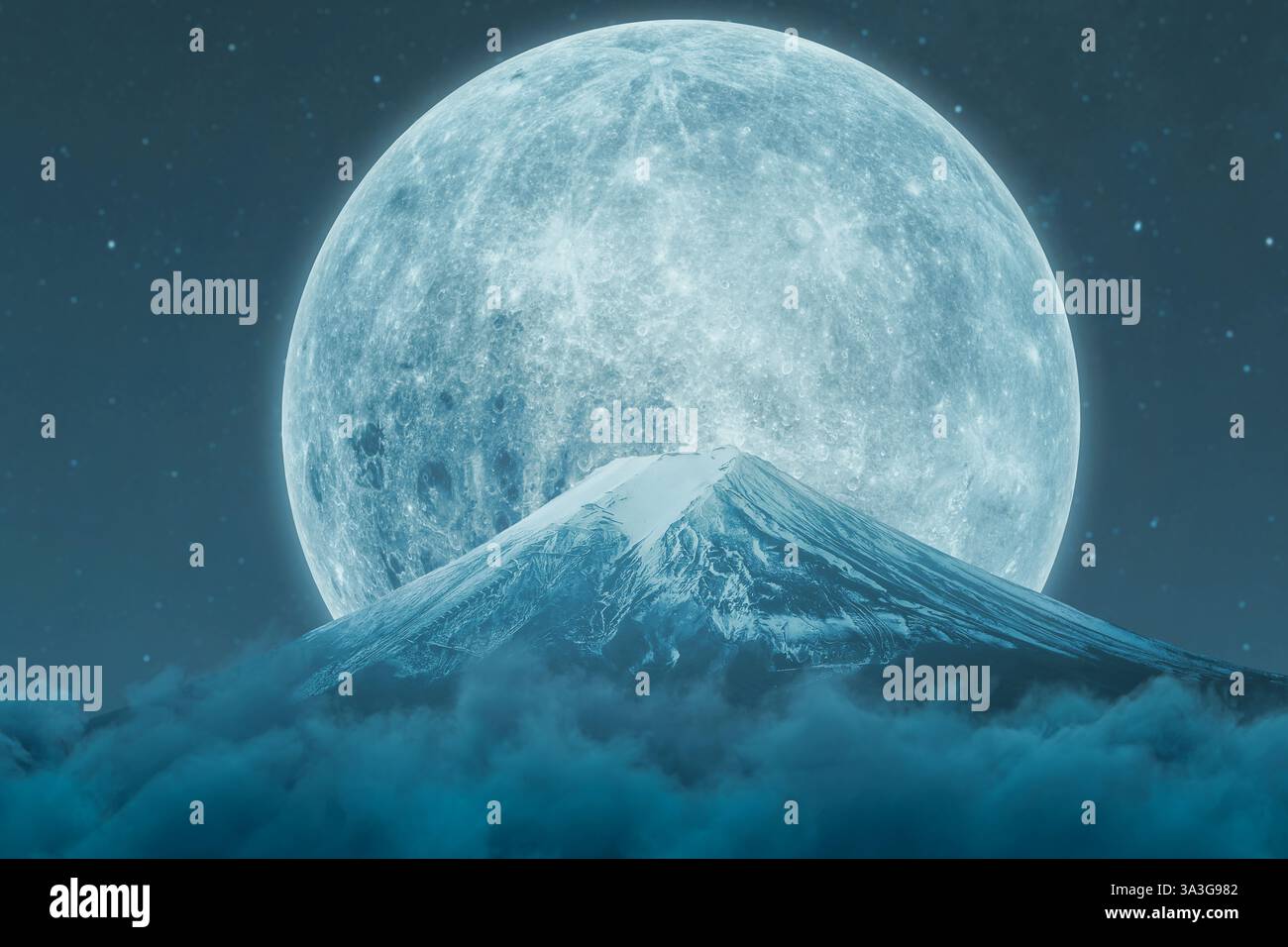 3D Rendering of sea of clouds in front of Fuji mountain and full moon ...