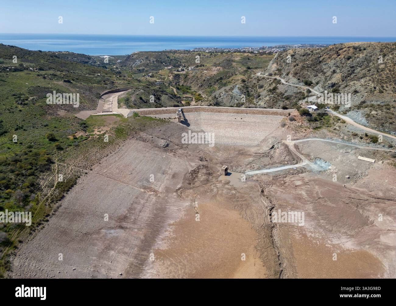 Aerial drone view of the Mavrokolympos Reservoir which was emptied to ...