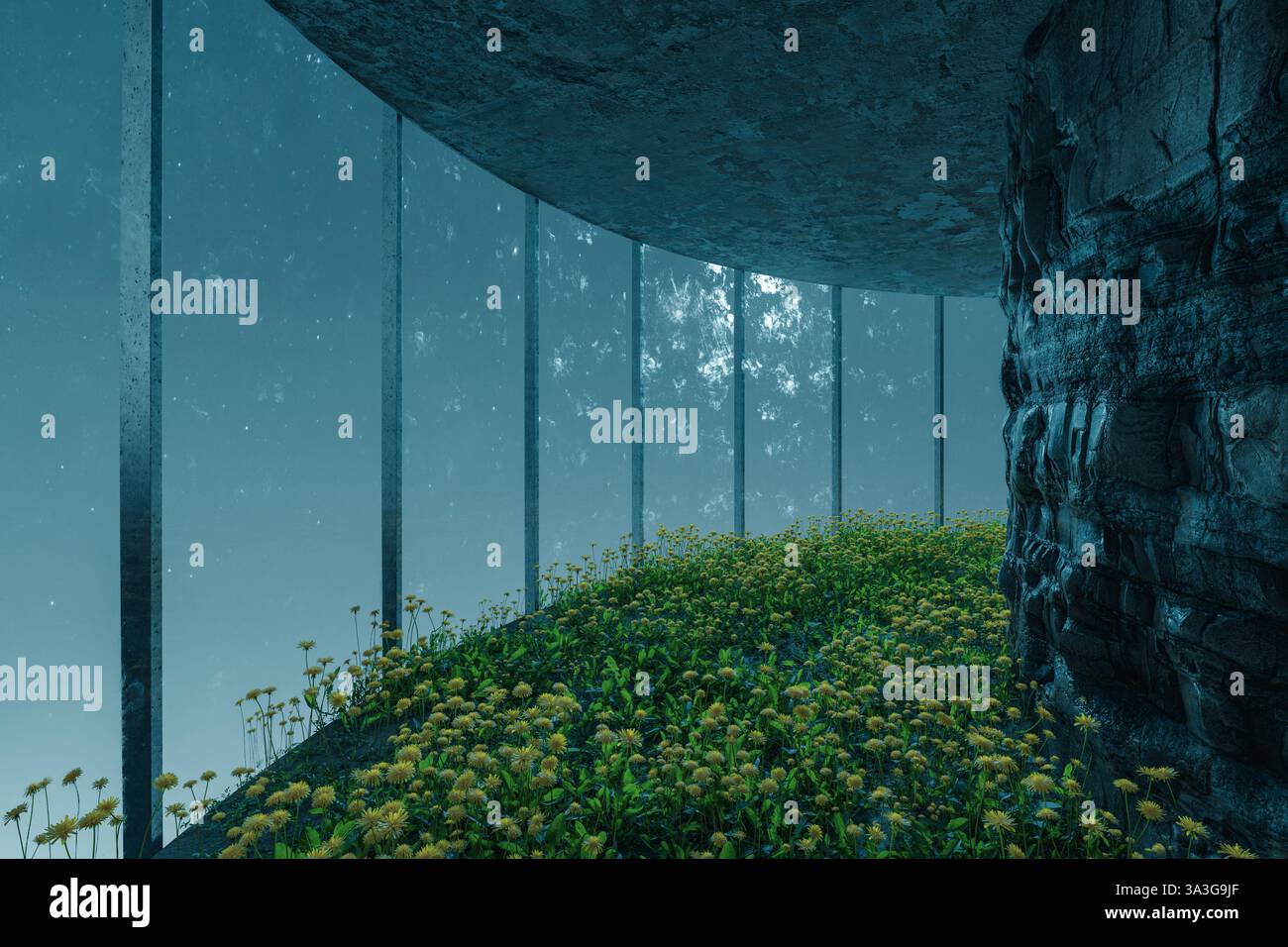 3D rendering of circular platform covered by dandelion field in the ...