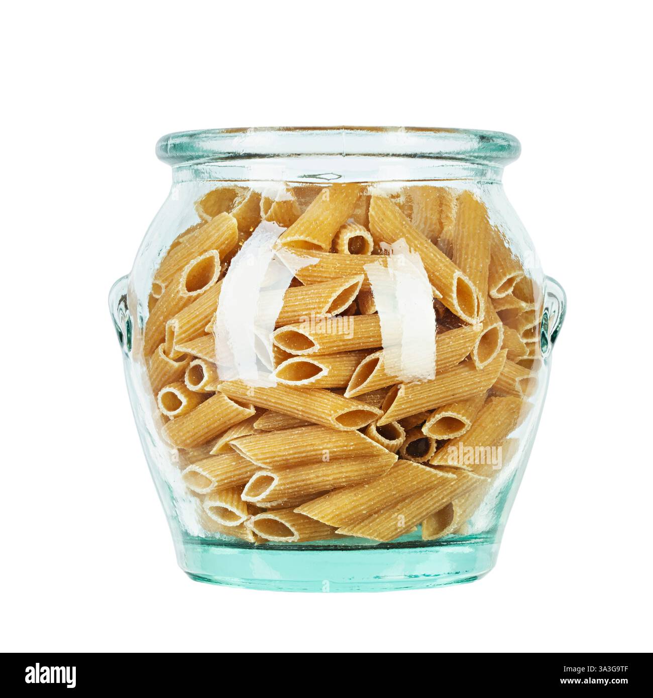 Whole Grain penne pasta from durum wheat in jar isolated on white ...
