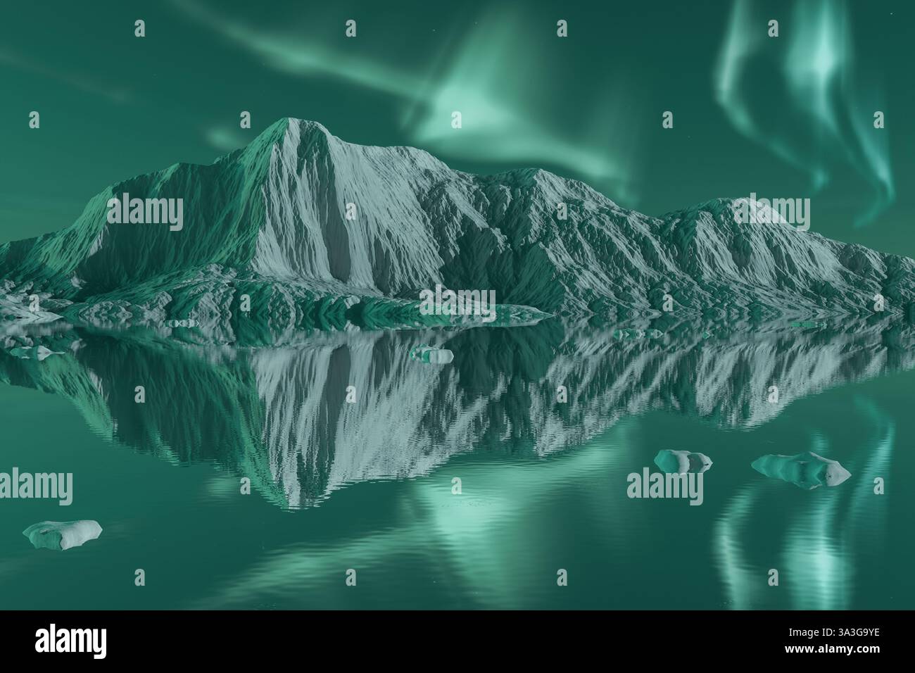 3D rendering of large iceberg surrounded by ice plates and illuminated ...