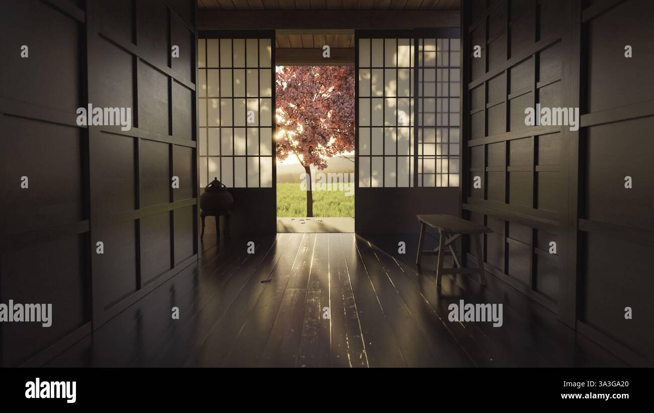 3D rendering of japanese wooden corridor with shoji sliding doors in ...