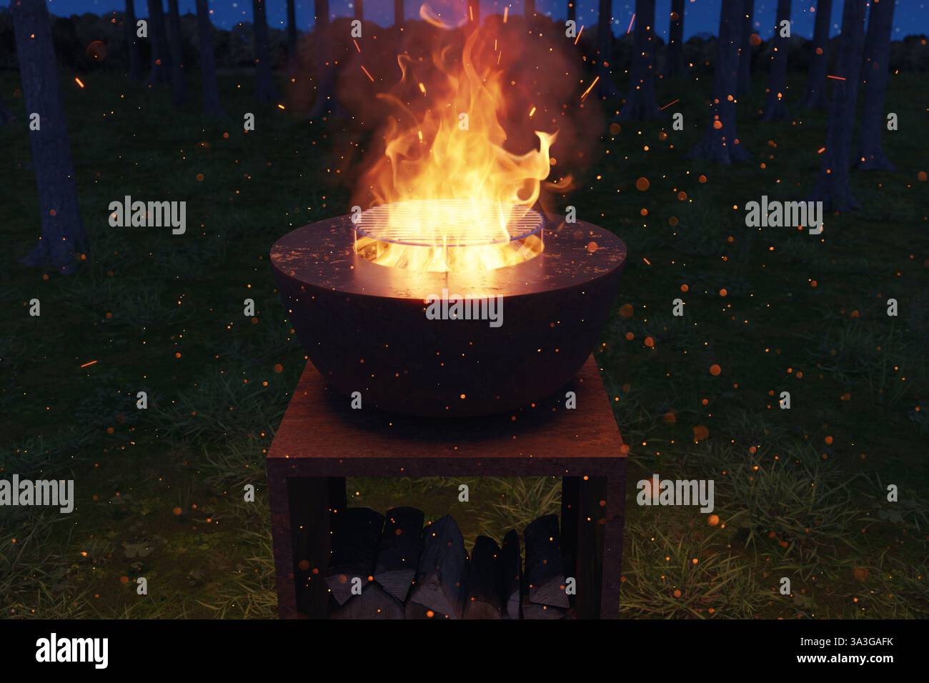 3D rendering of rusty fire bowl with big fire and sparks at night Stock ...