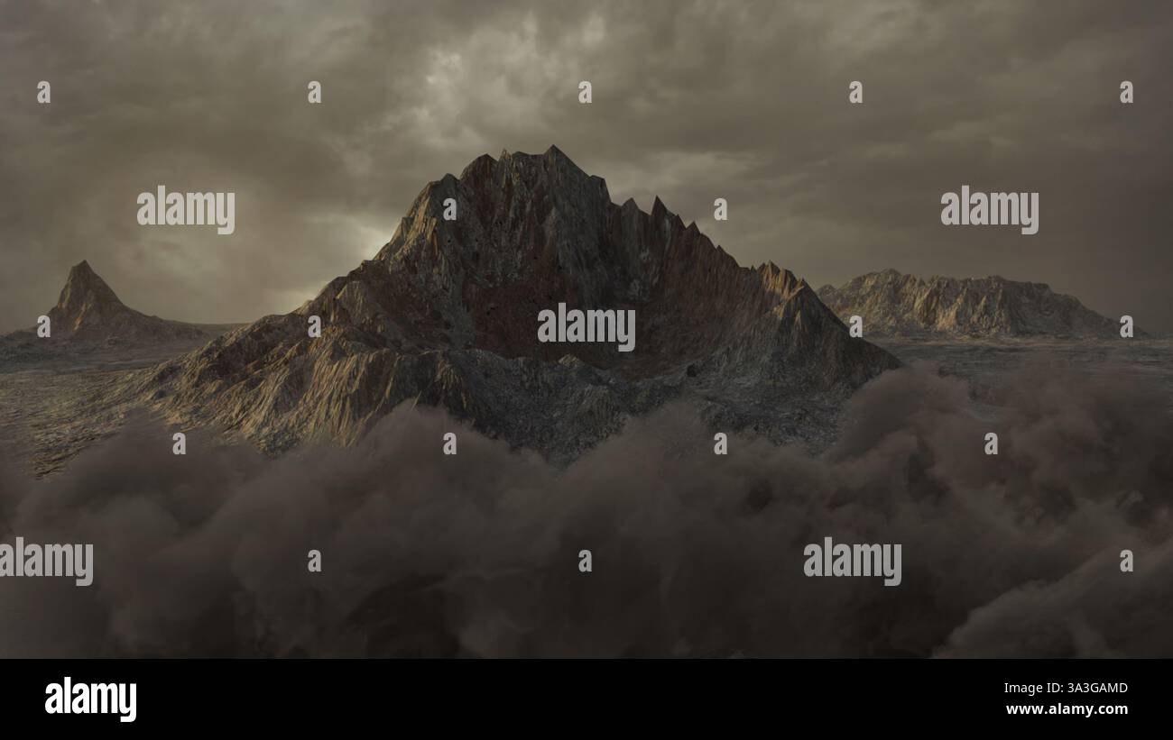 3D Rendering of dystopian landscape covered by dark clouds Stock Photo ...