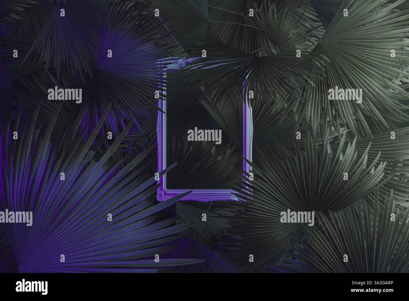 3d rendering of white picture frame covered by palm leaves in blue and ...