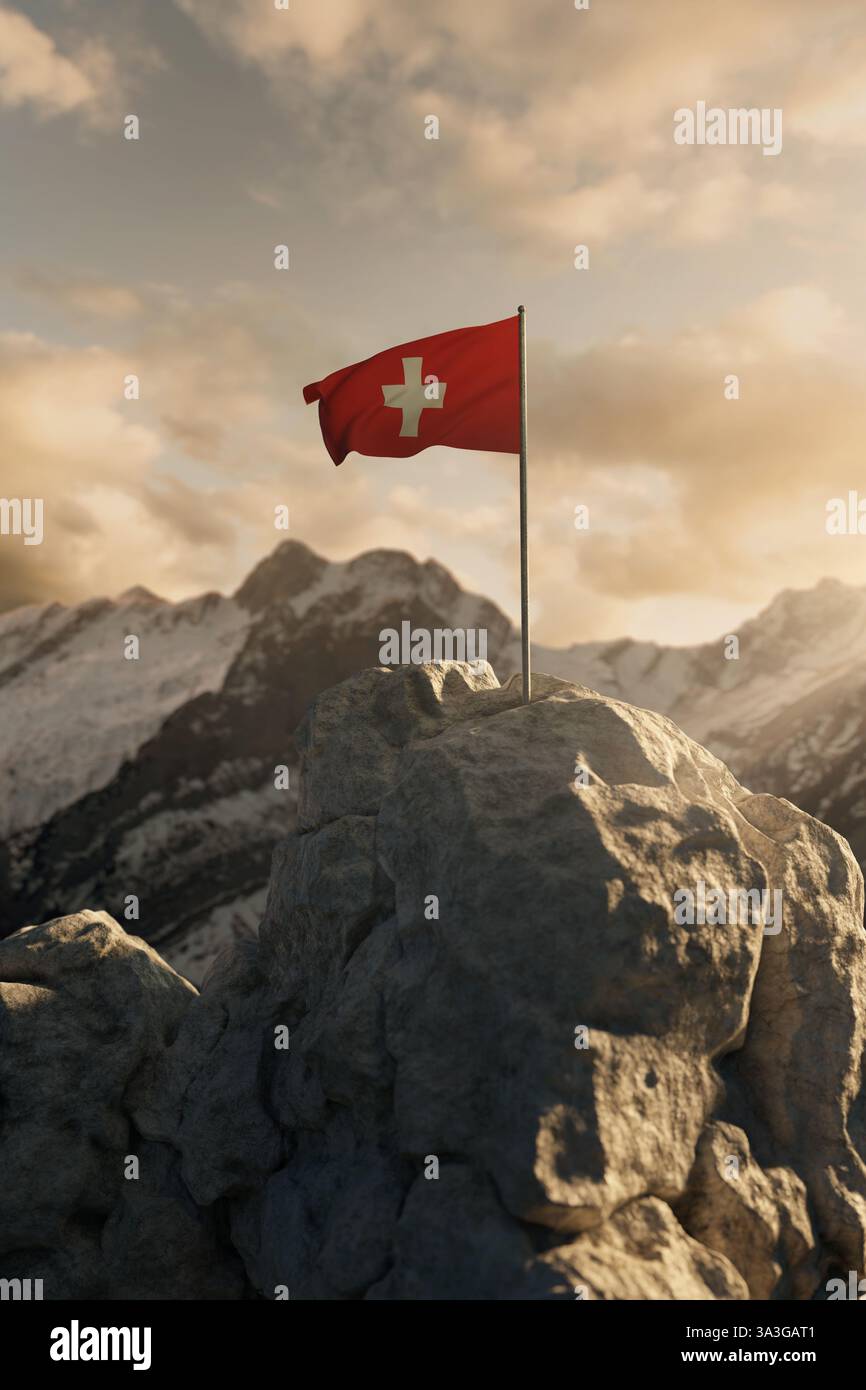 3D rendering of waving Swiss flag on top of the rocks. Concept of ...