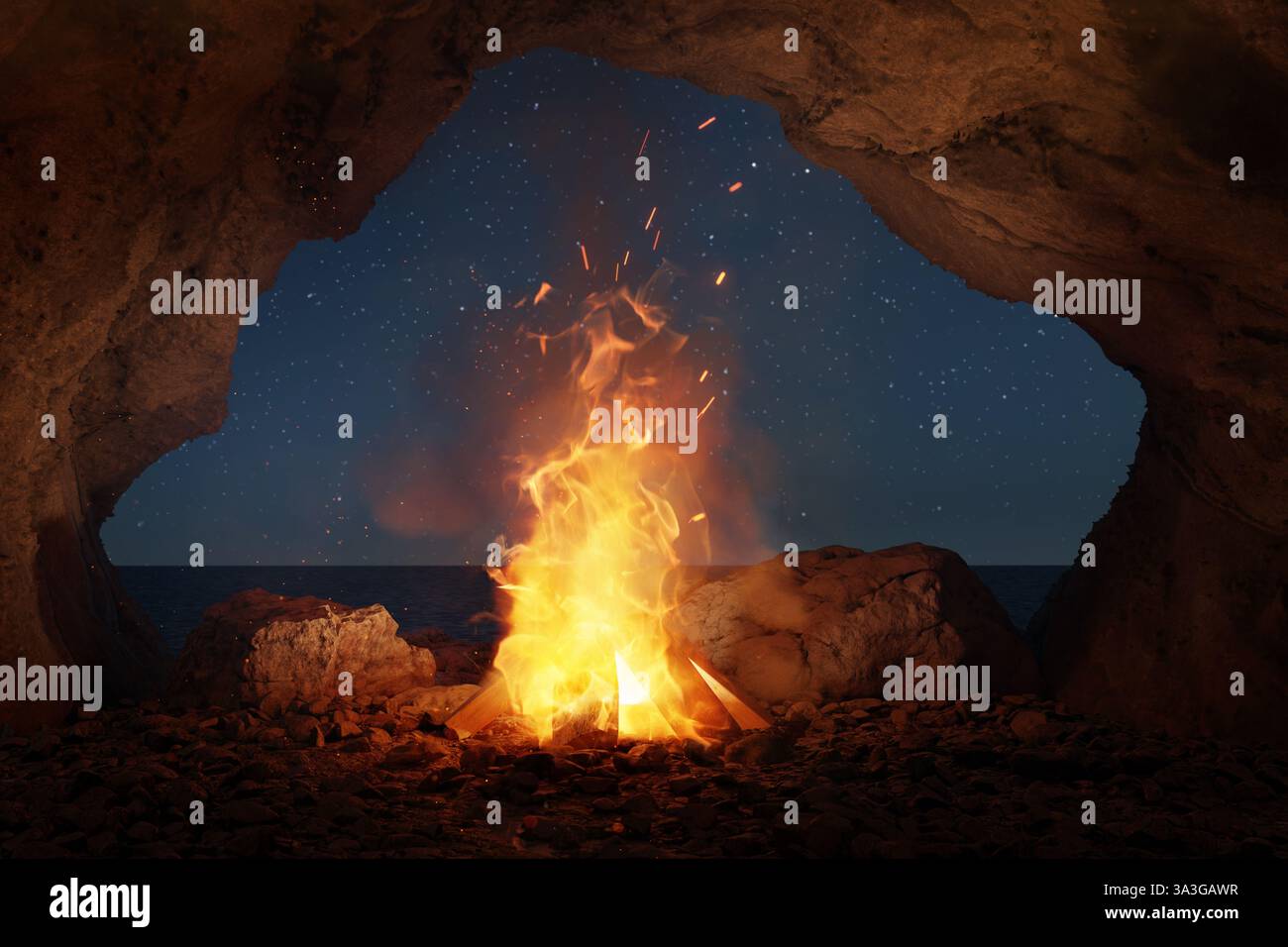 3d rendering of big bonfire with sparks and particles in front of sea ...