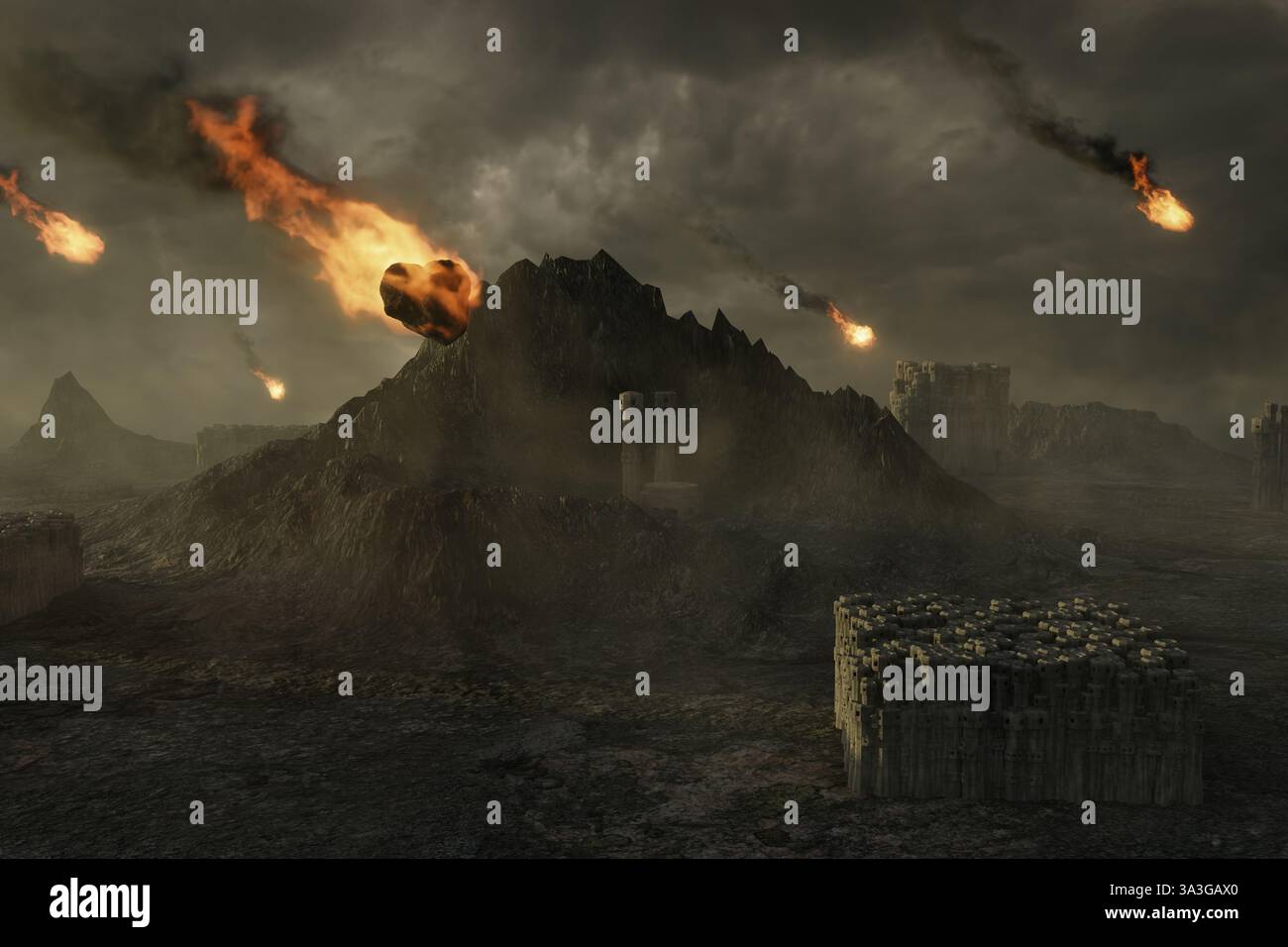 3D rendering of falling fireball meteors on dystopian landscape Stock ...