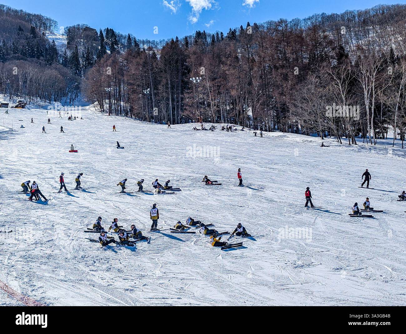 Crowds of skiers and snowboarders on a busy ski slope in Madarao Kogen ...