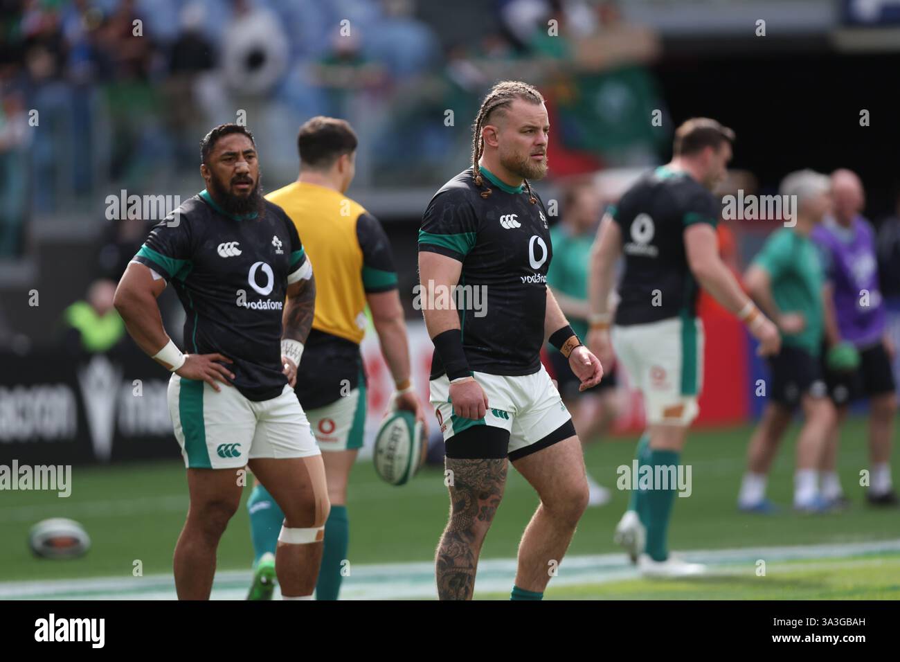 Rome, Italy - 15.03.2025: Bundee Aki of Ireland, Finlay Bealham of Ireland seen in action during ...