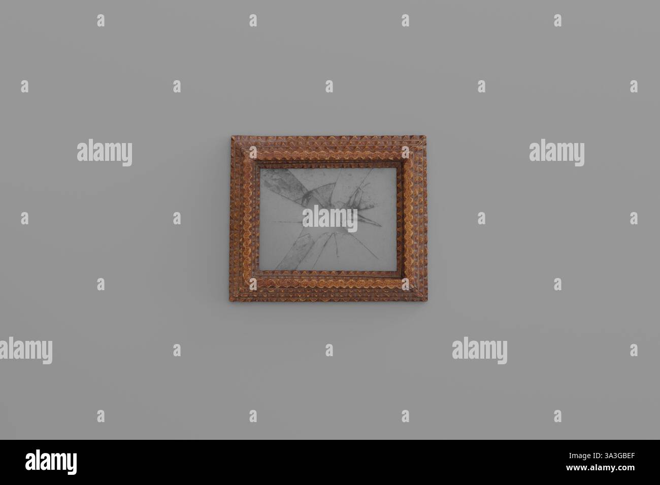 3d rendering of vintage picture frame with broken glass plate in front ...