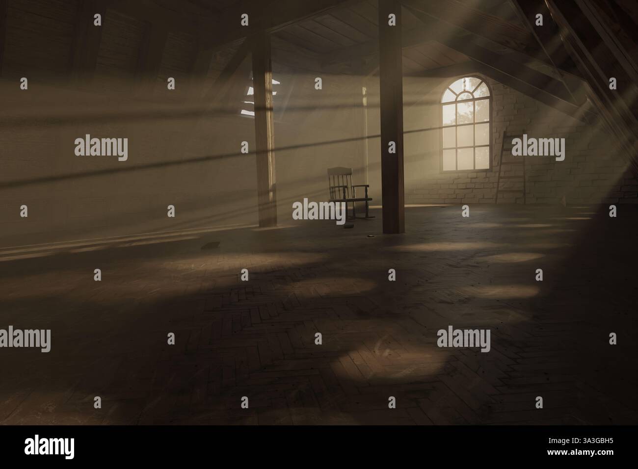 3d rendering of brighten empty attic with sun rays through the window ...