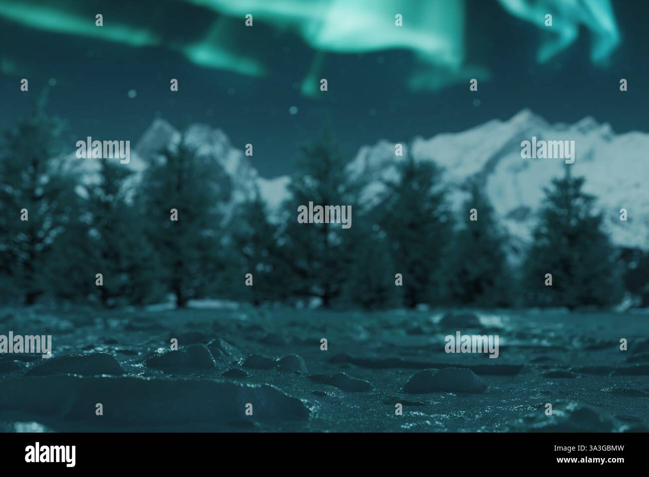 3D rendering of a snow covered glittering ground at night in front of ...