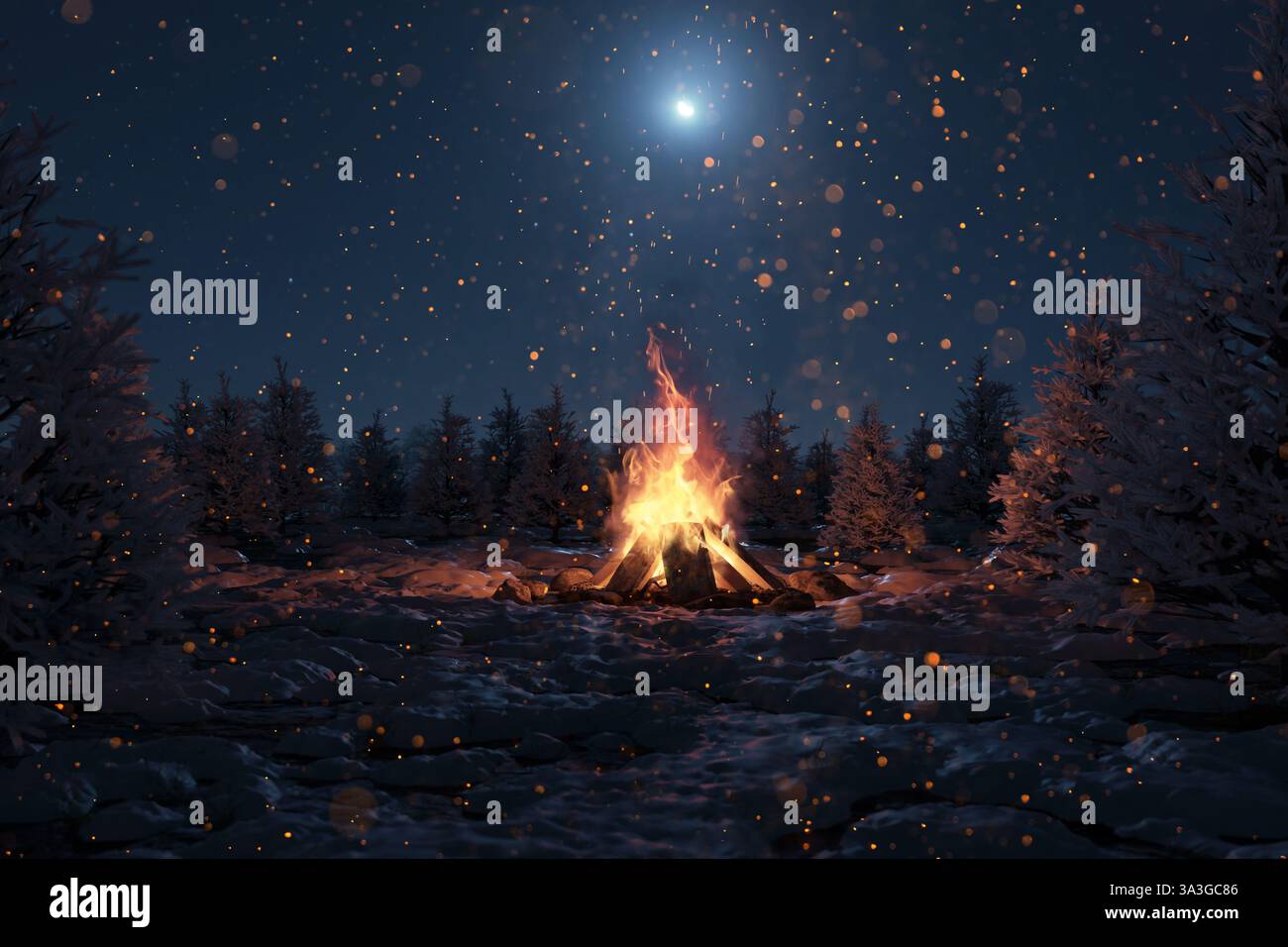 3d rendering of big bonfire with sparks and lot of particles in front ...