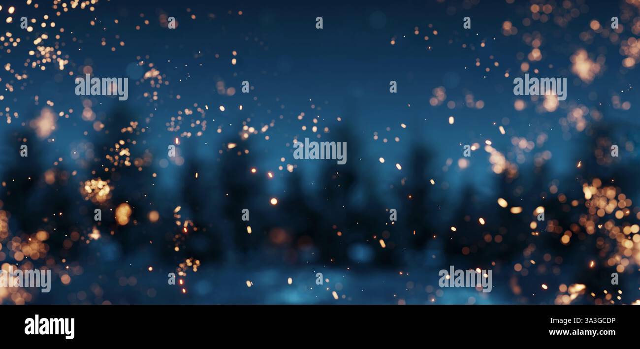 3d rendering of yellow particles in front of pine trees and starry sky ...