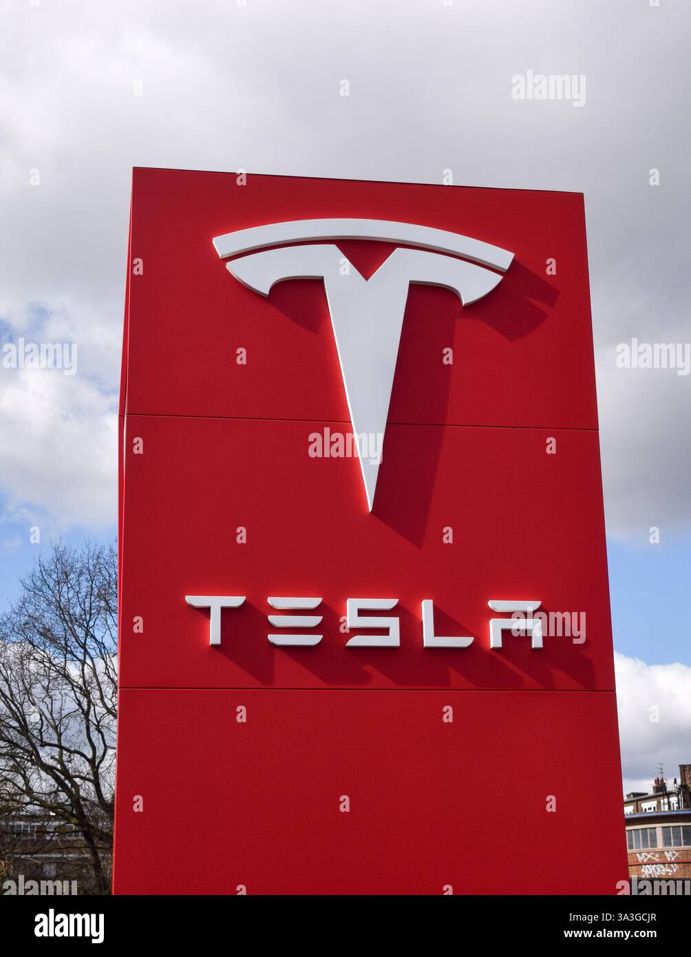 London, England, UK. 15th Mar, 2025. A view of the Tesla Centre in Park ...