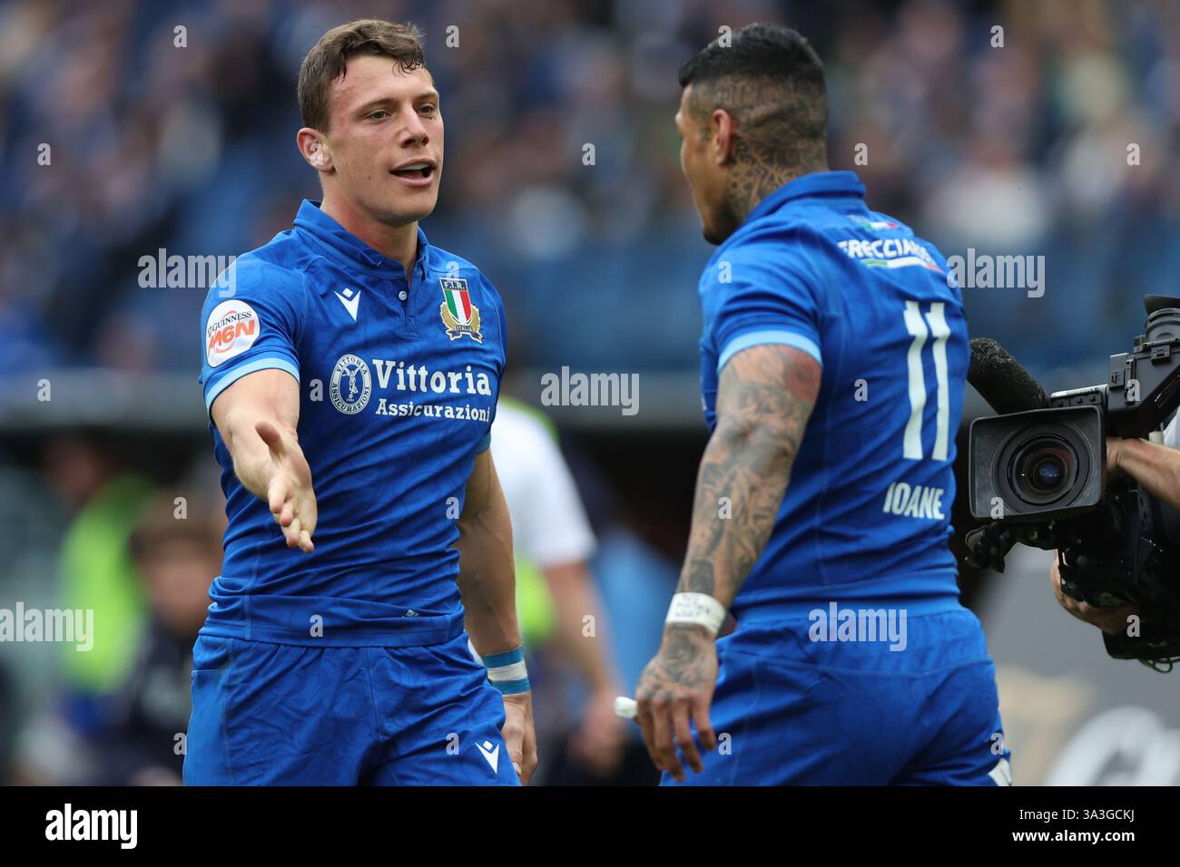 Rome, Italy - 15.03.2025: Paolo Garbisi of Italy, Monty Iaone of Italy score the try and ...