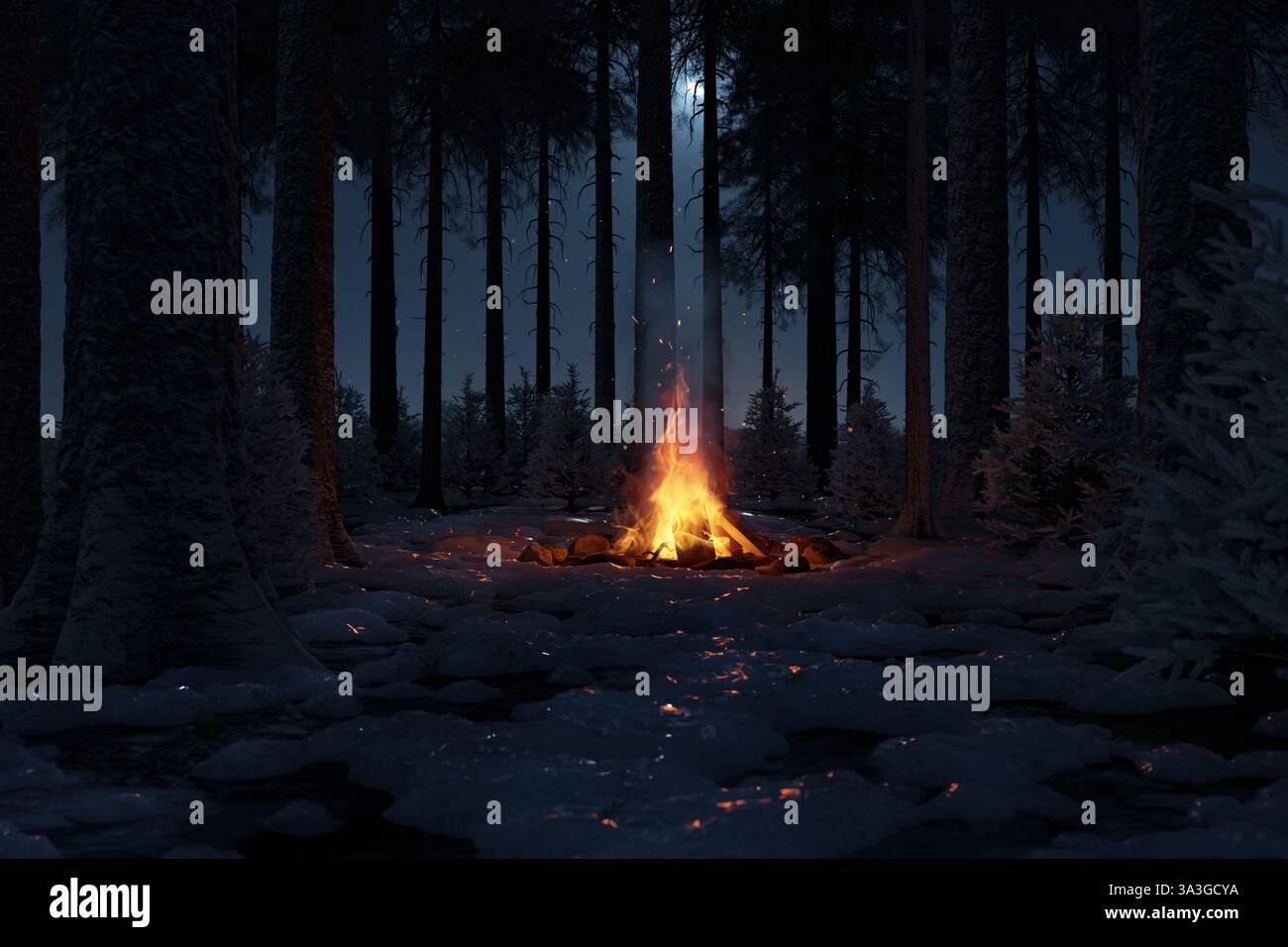 3d rendering of bonfire in a snowy forest and moonlight sky Stock Photo ...