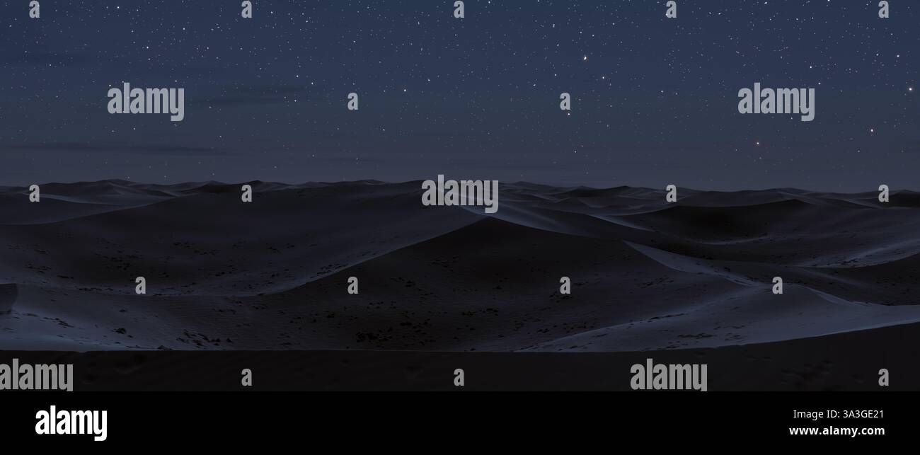 Panorama view to peaceful sand dunes at night. 3D Rendering Stock Photo ...