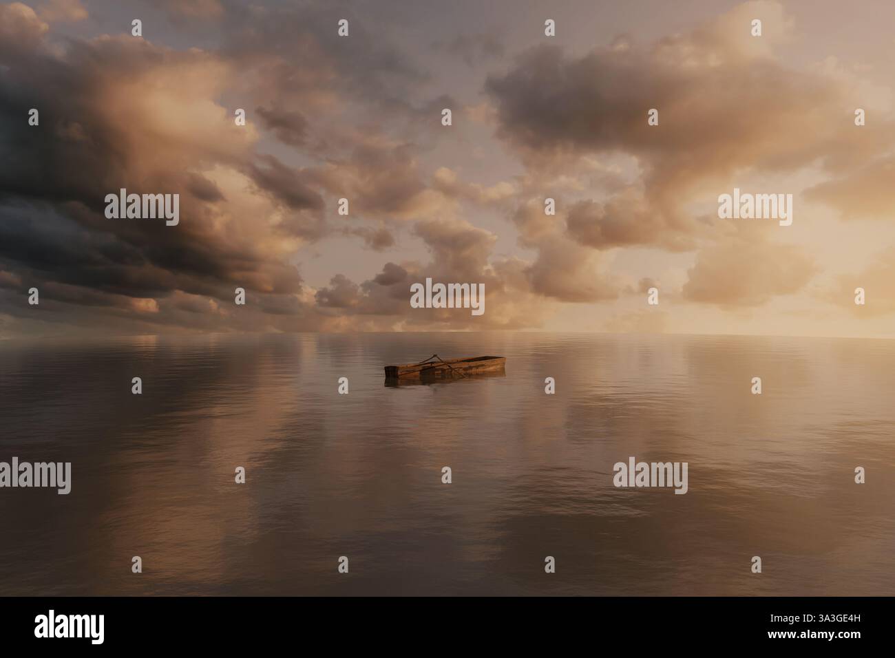 single wooden boat floats on reflecting sea. 3D Rendering Stock Photo ...