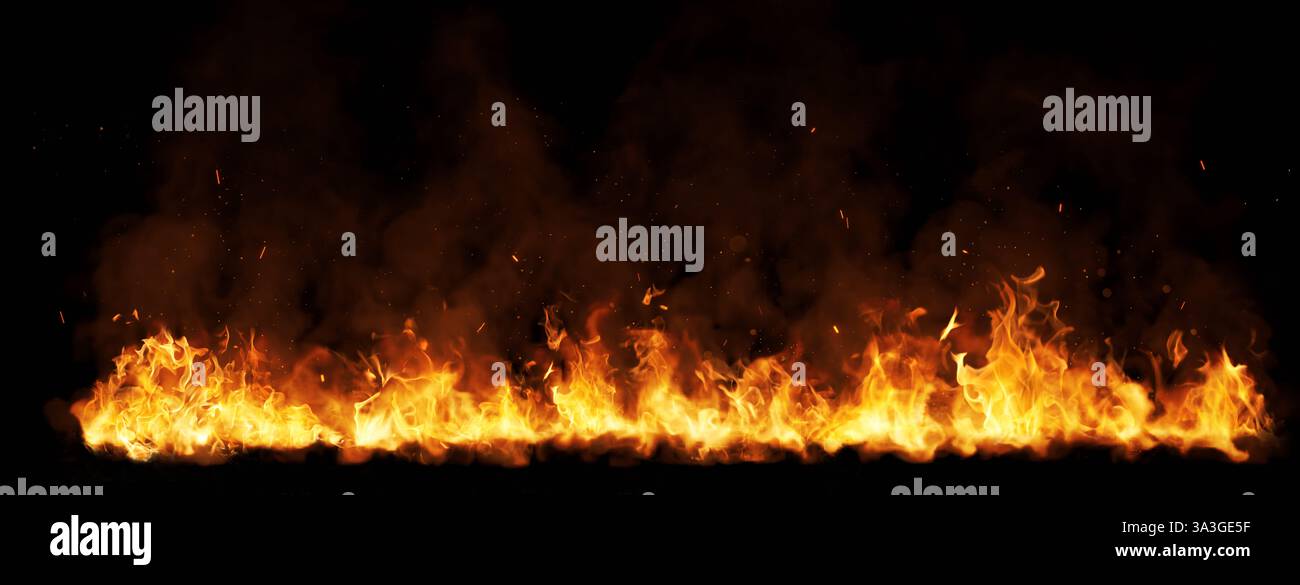 horizontal fire with flying sparks in front of black background. 3D ...