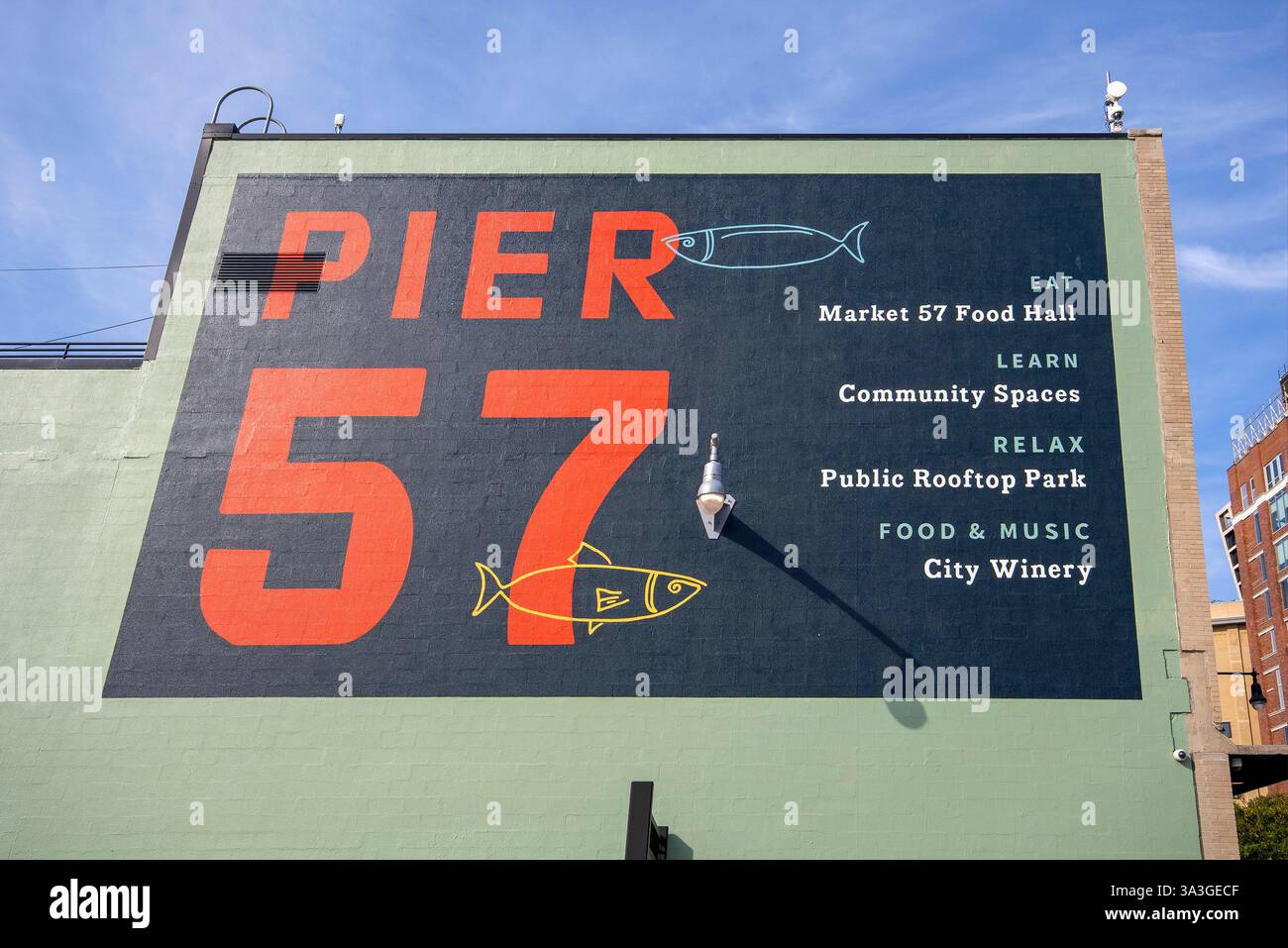 Pier 57 sign in the waterfront of Hudson River Park, Manhattan, New ...