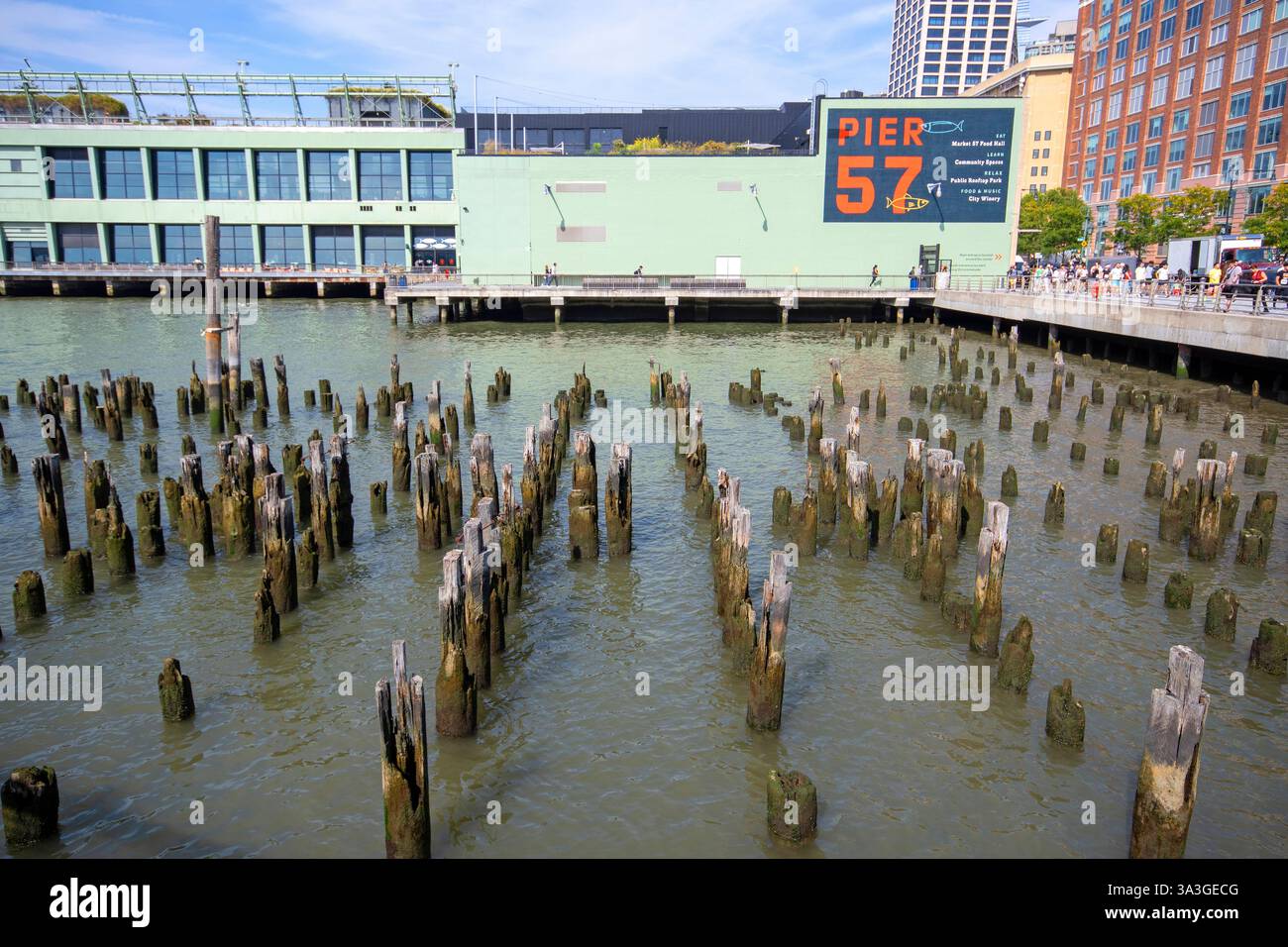 Remains of old wooden pylons at Pier 57, Hudson River Park, Manhattan, New York City, USA Stock ...