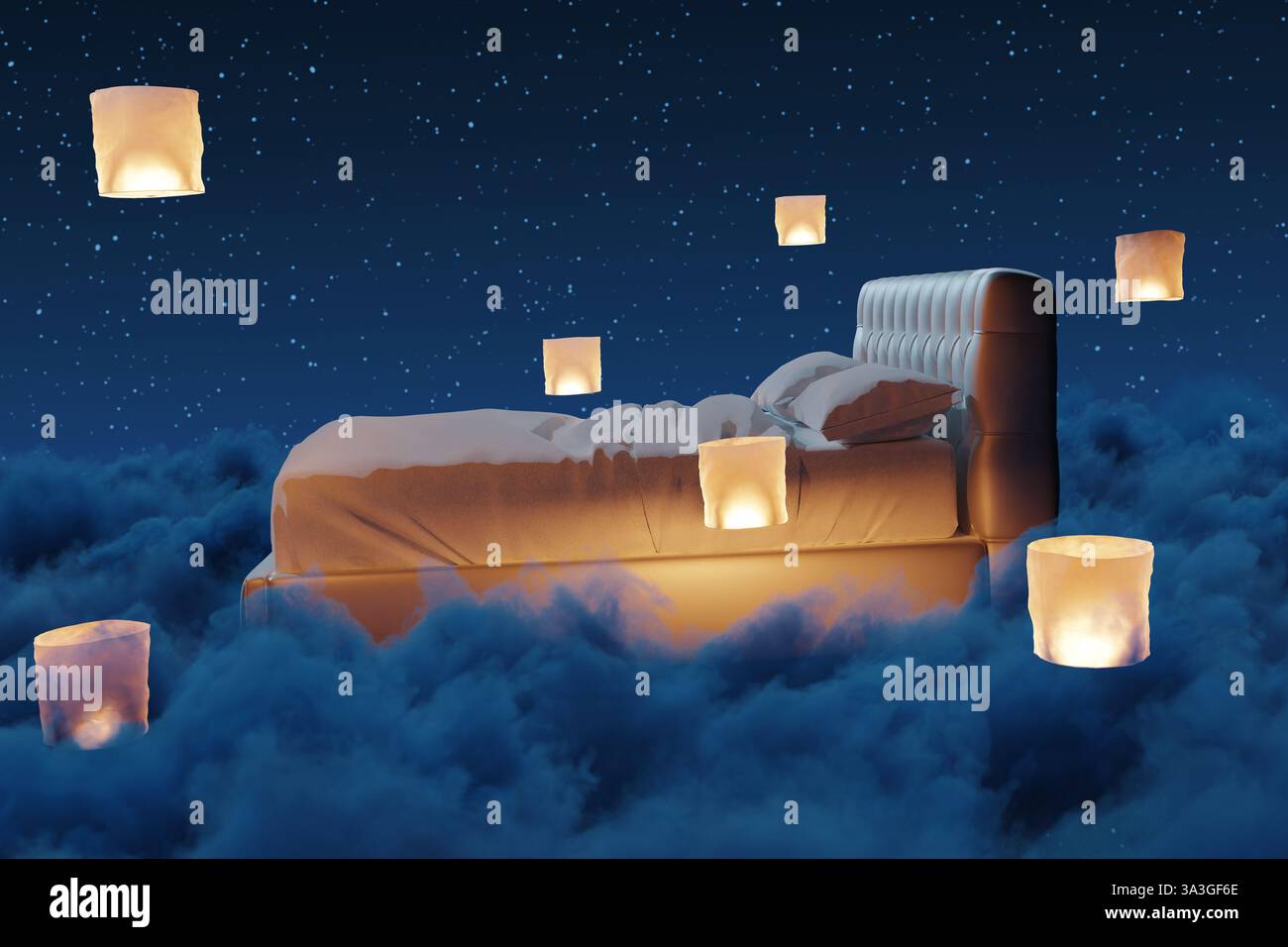 Cosy bed illuminated by sky lantern. The bed flying over fluffy clouds ...