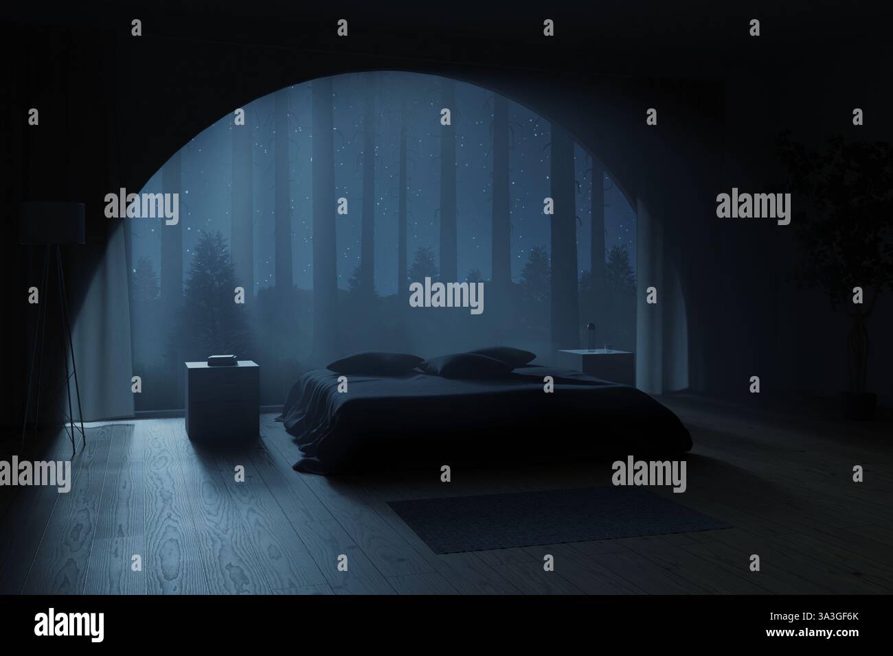 3d rendering of spacious bedroom with an arched window at night with ...