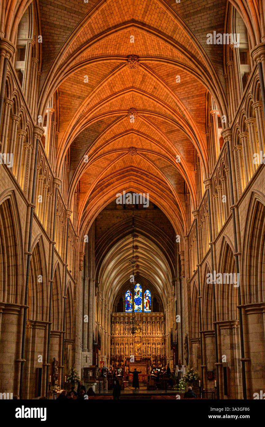 Grand Gothic cathedral interior with ornate arches, stained glass ...