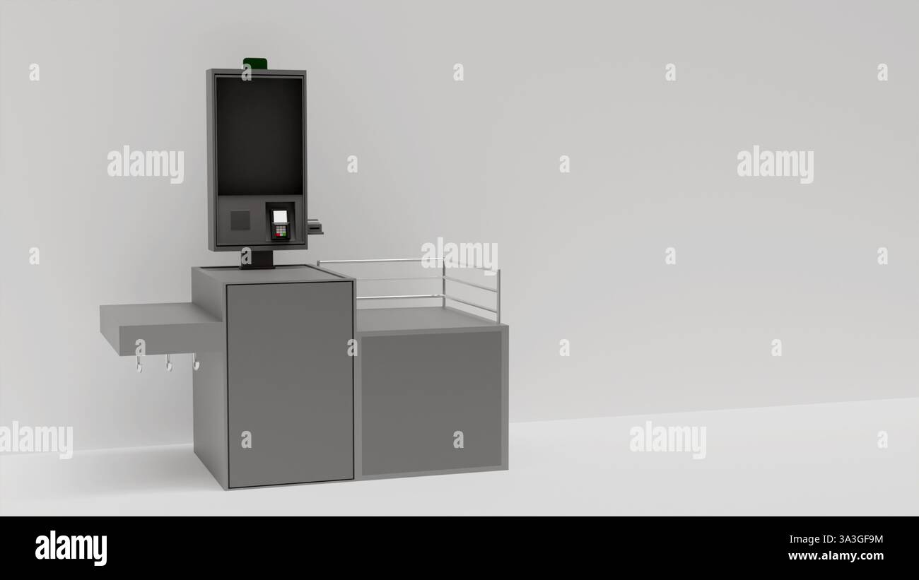 3D model of self-service checkout on a white background, supermarket checkout Stock Photo - Alamy