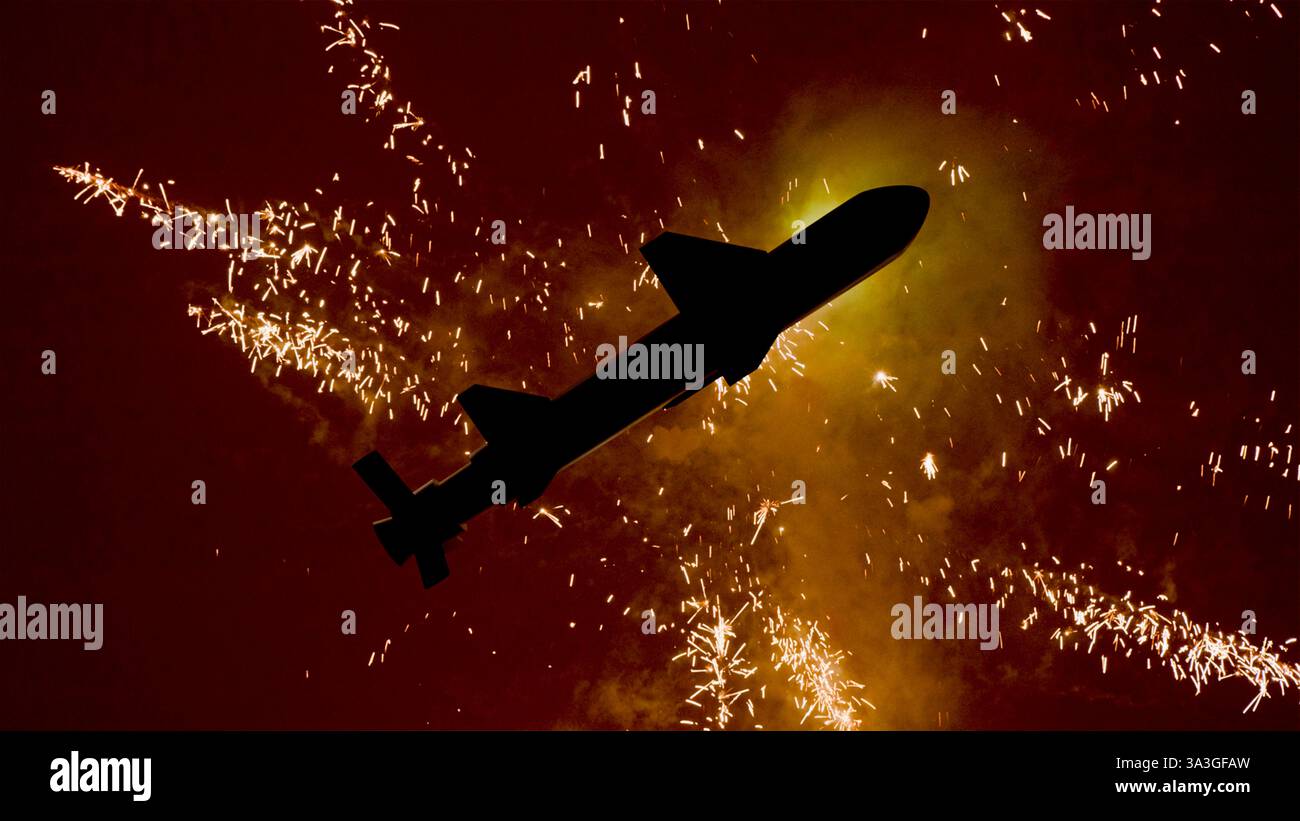 3D model of a ballistic missile against the backdrop of fireworks in ...