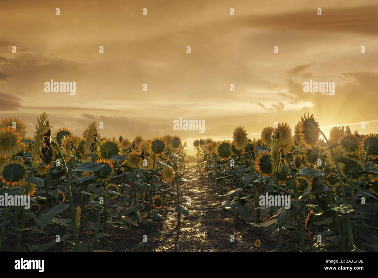 Pathway in the middle of blooming sunflower field in front of evening ...