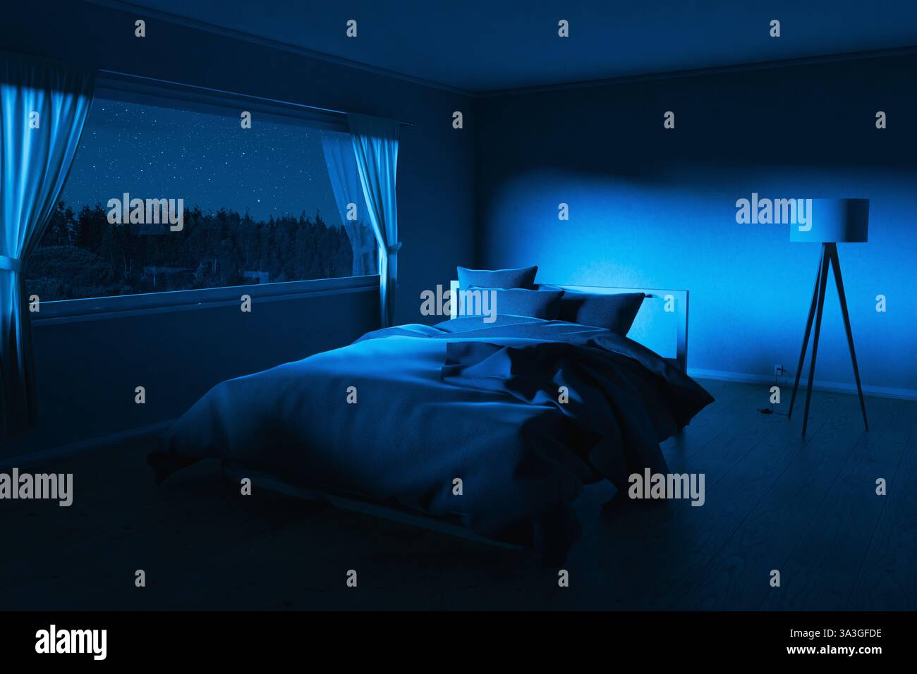 Bedroom with cozy low bed at night. 3D Rendering Stock Photo - Alamy