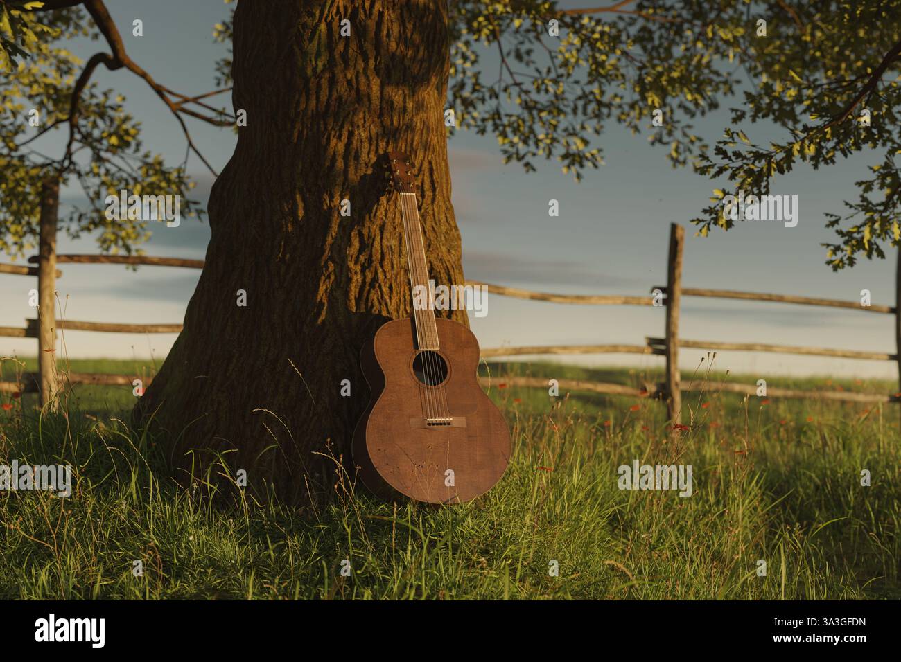 guitar leaning on oak tree at meadow. 3D Rendering Stock Photo - Alamy